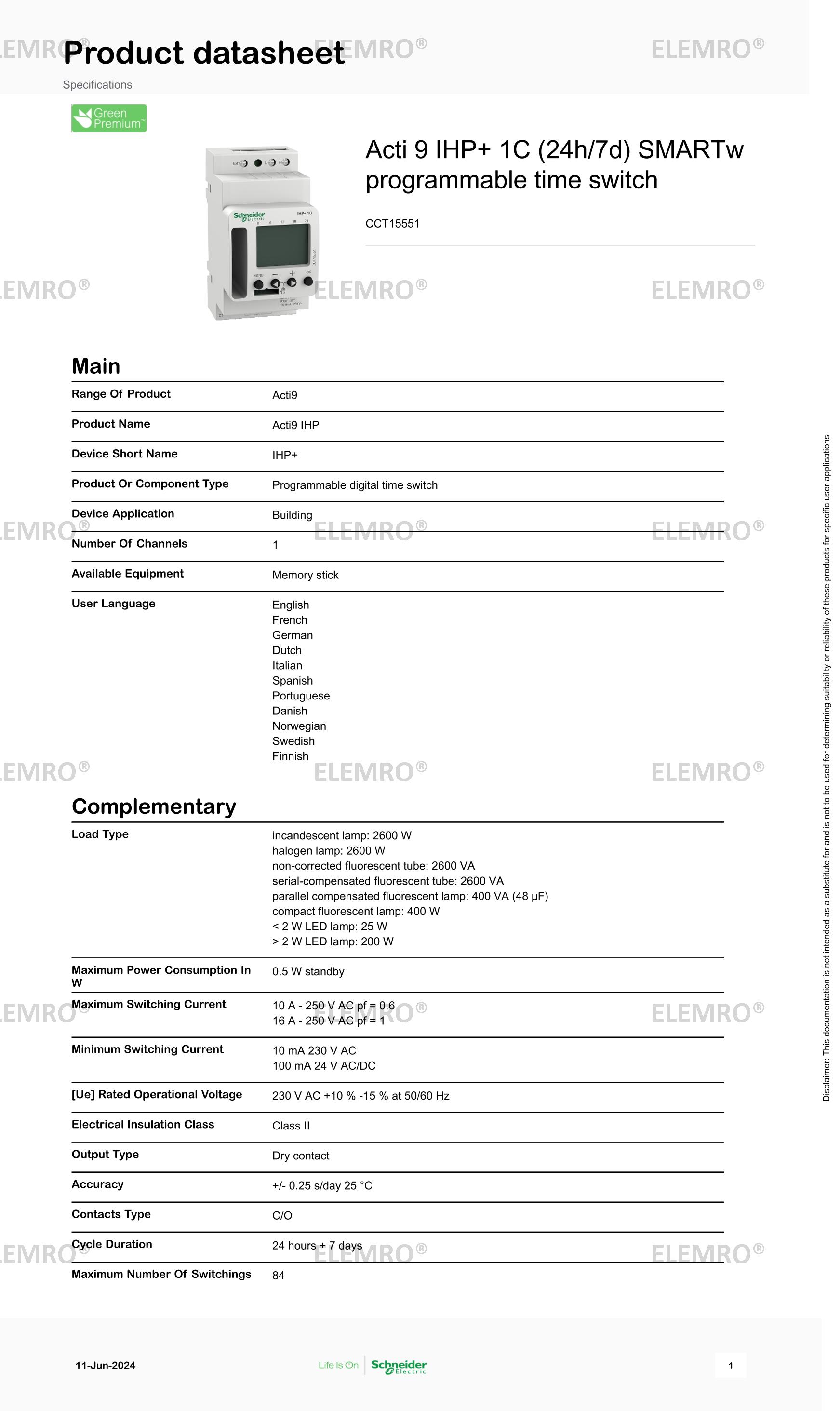 ELEMRO » Schneider Programmable digital time switch Acti9 IHP CCT15551