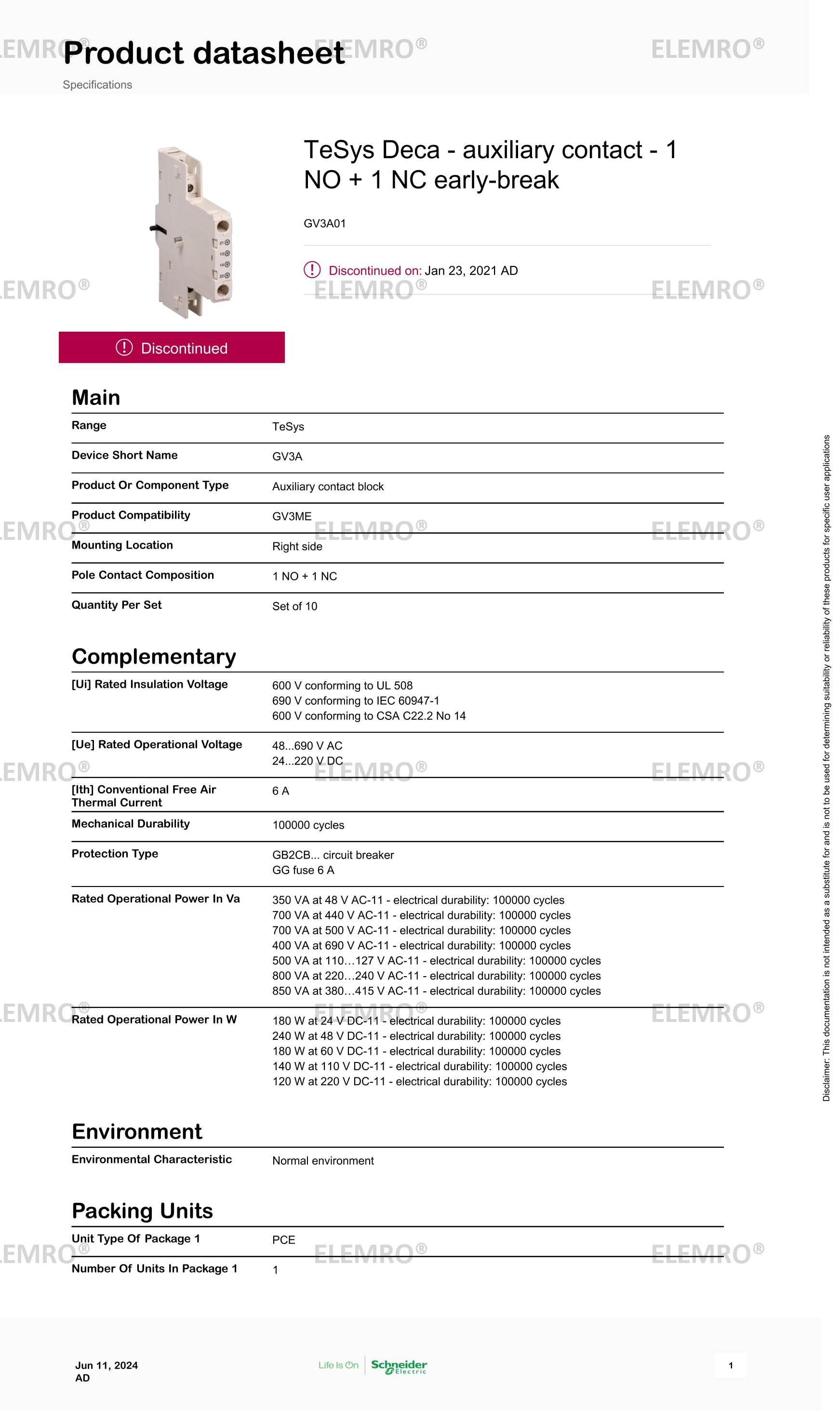 ELEMRO » Schneider Auxiliary contact block TeSys GV3A01