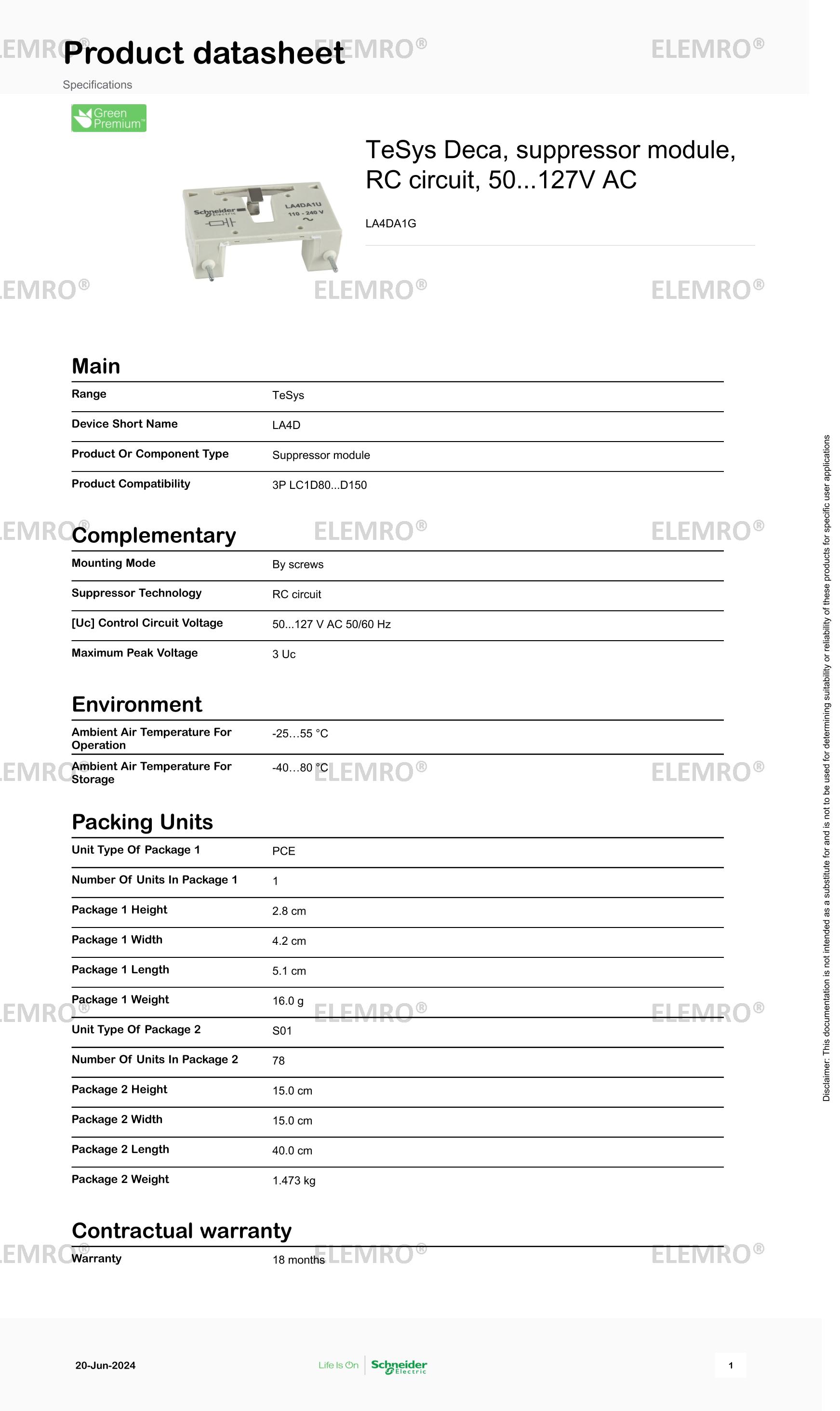 ELEMRO » Schneider Suppressor module TeSys LA4DA1G
