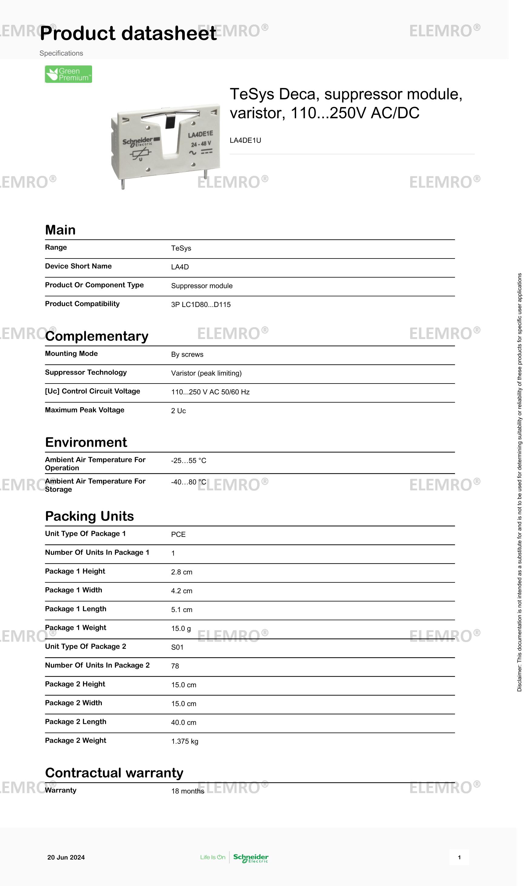 ELEMRO » Schneider Suppressor module TeSys LA4DE1U