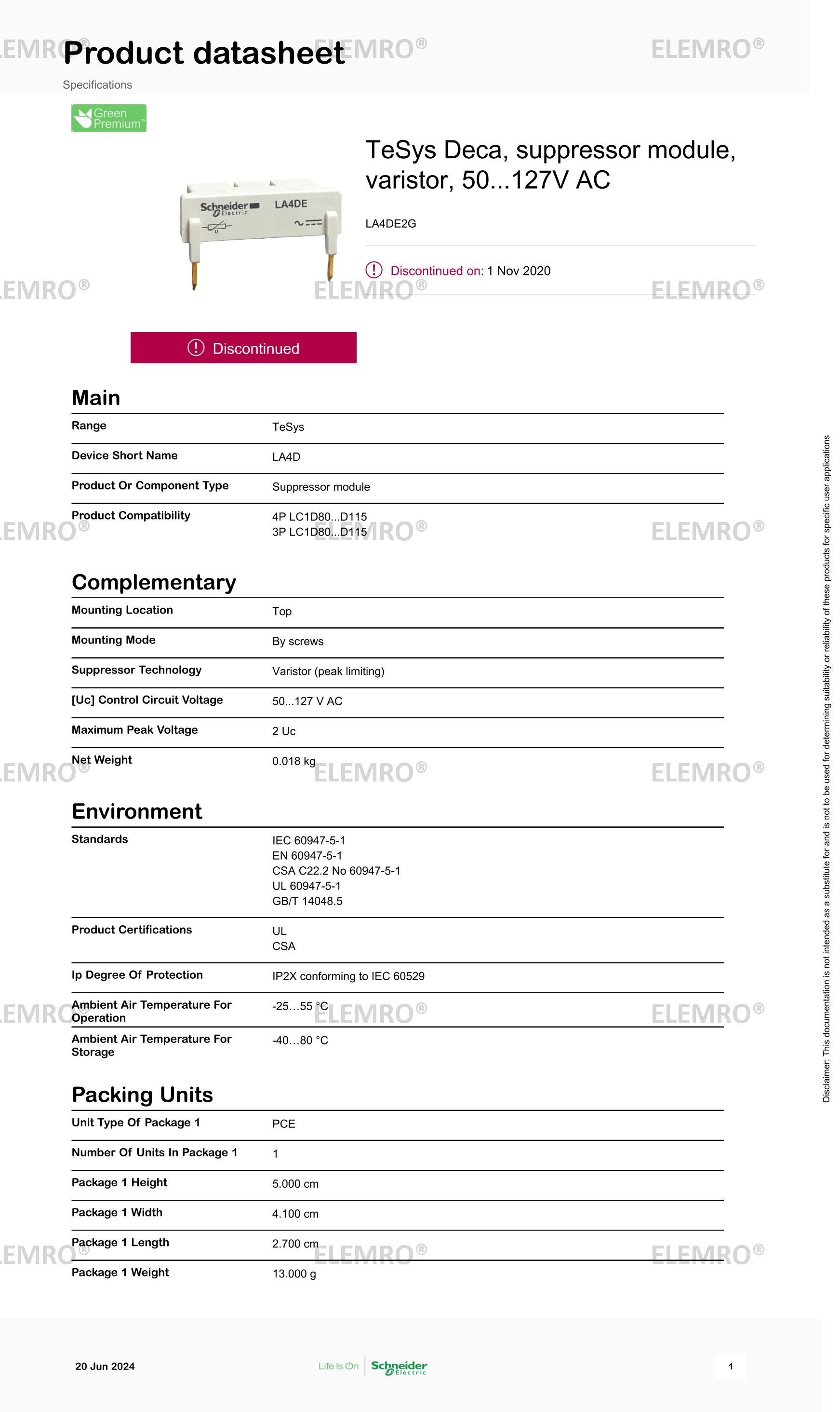 ELEMRO » Schneider Suppressor module TeSys LA4DE2G
