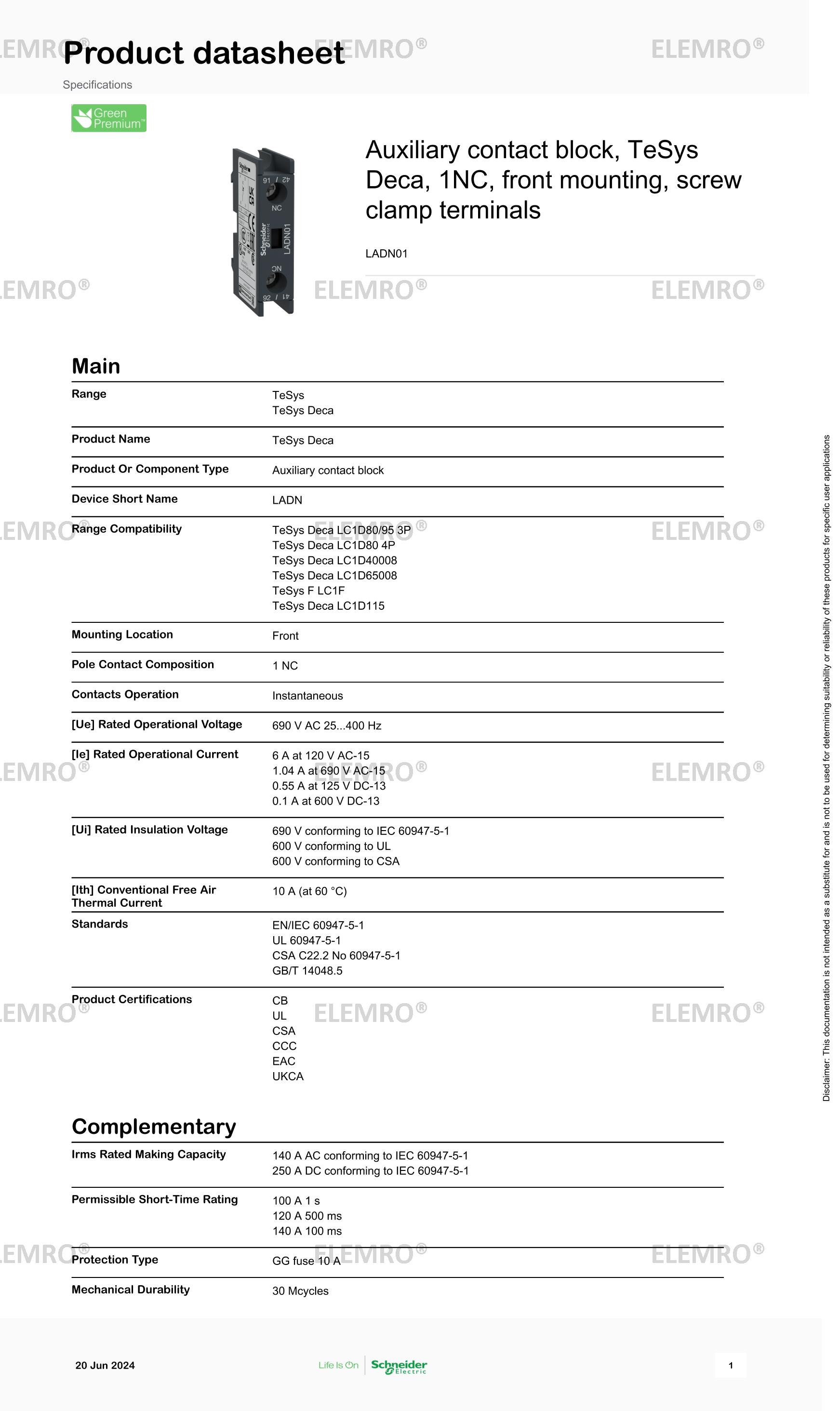 ELEMRO » Schneider Auxiliary contact block TeSys Deca LADN01