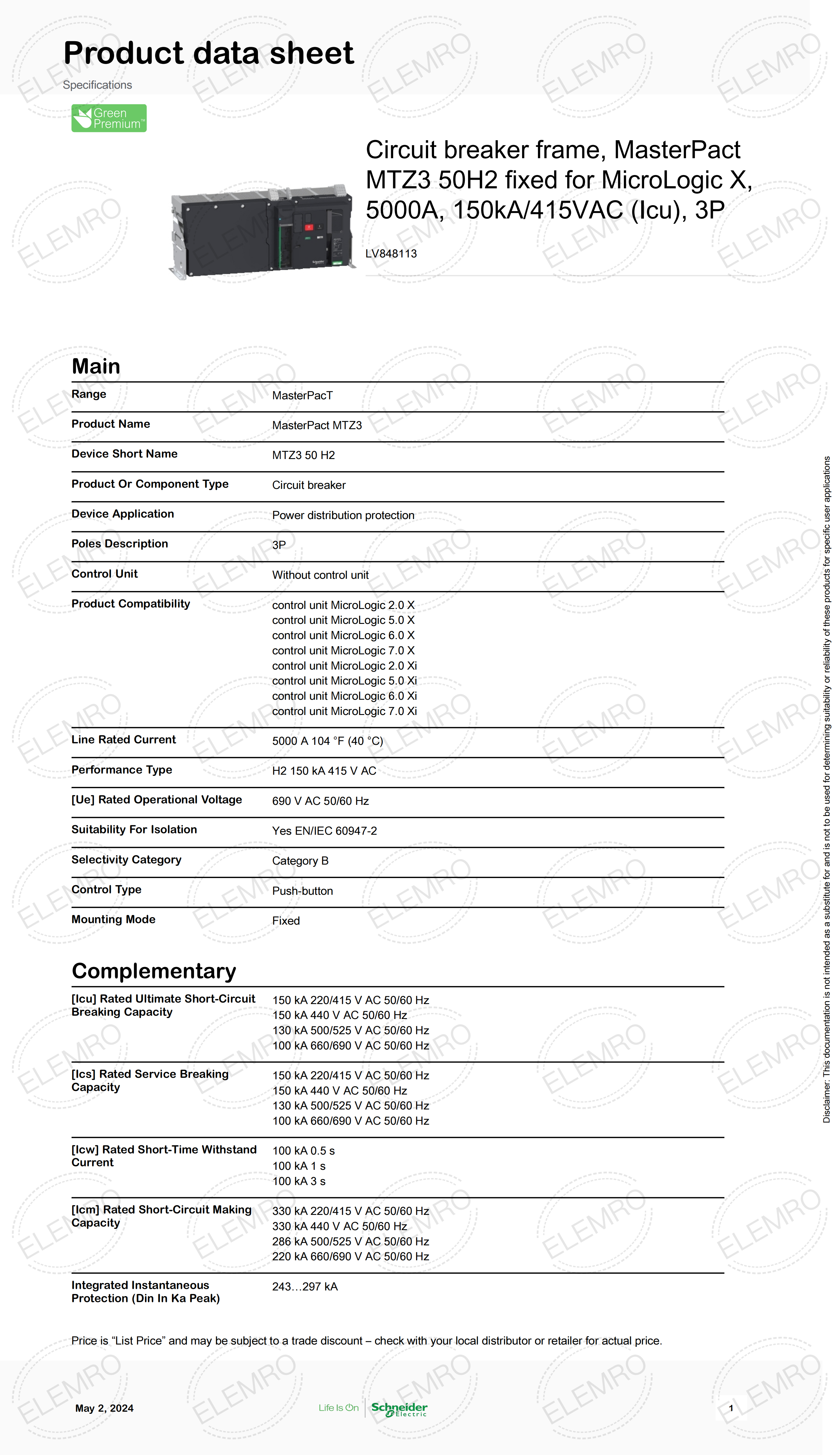 ELEMRO » Schneider ACB MasterPacT MTZ Circuit Breakers MTZ3 50H2 fixed ...