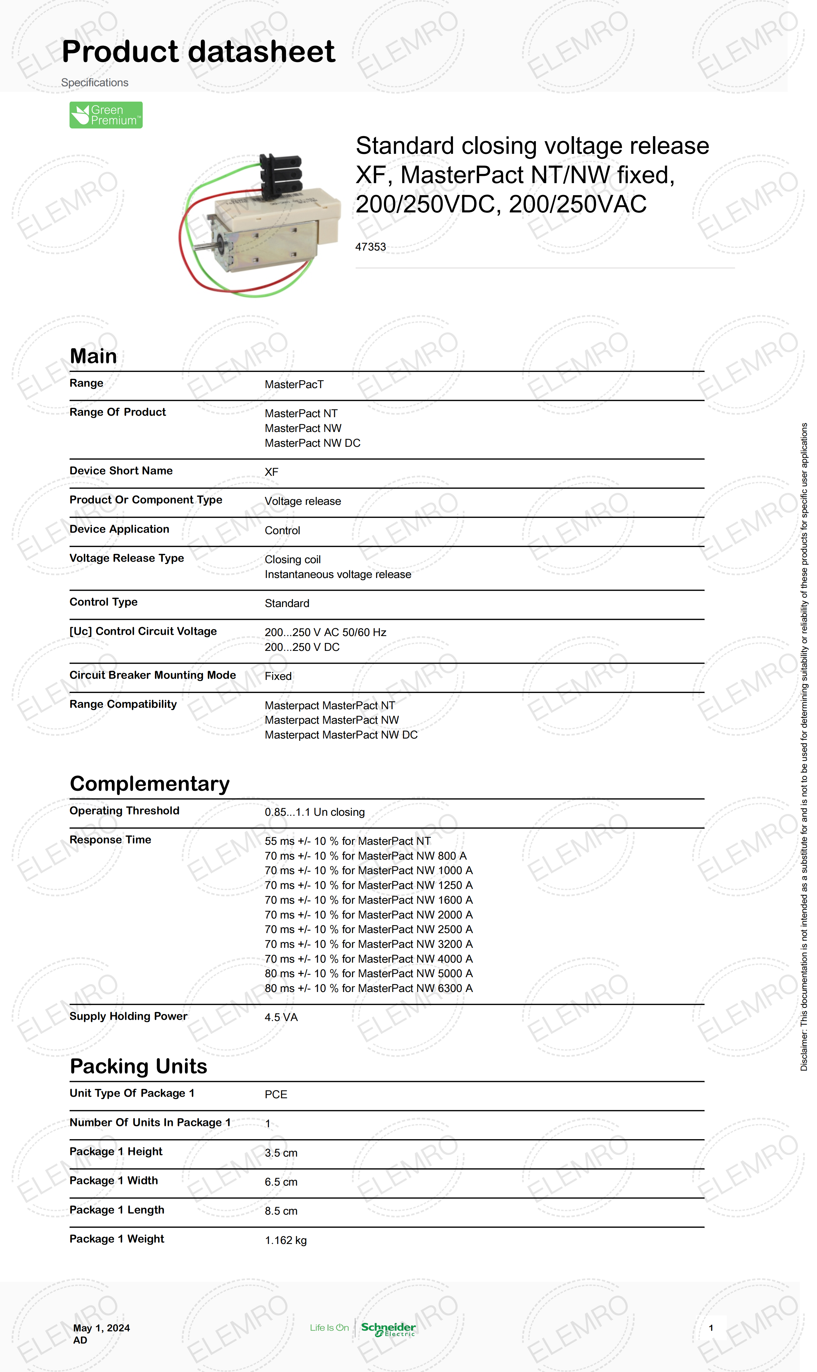 ELEMRO » Schneider ACB MasterPact NT Standard closing voltage release ...