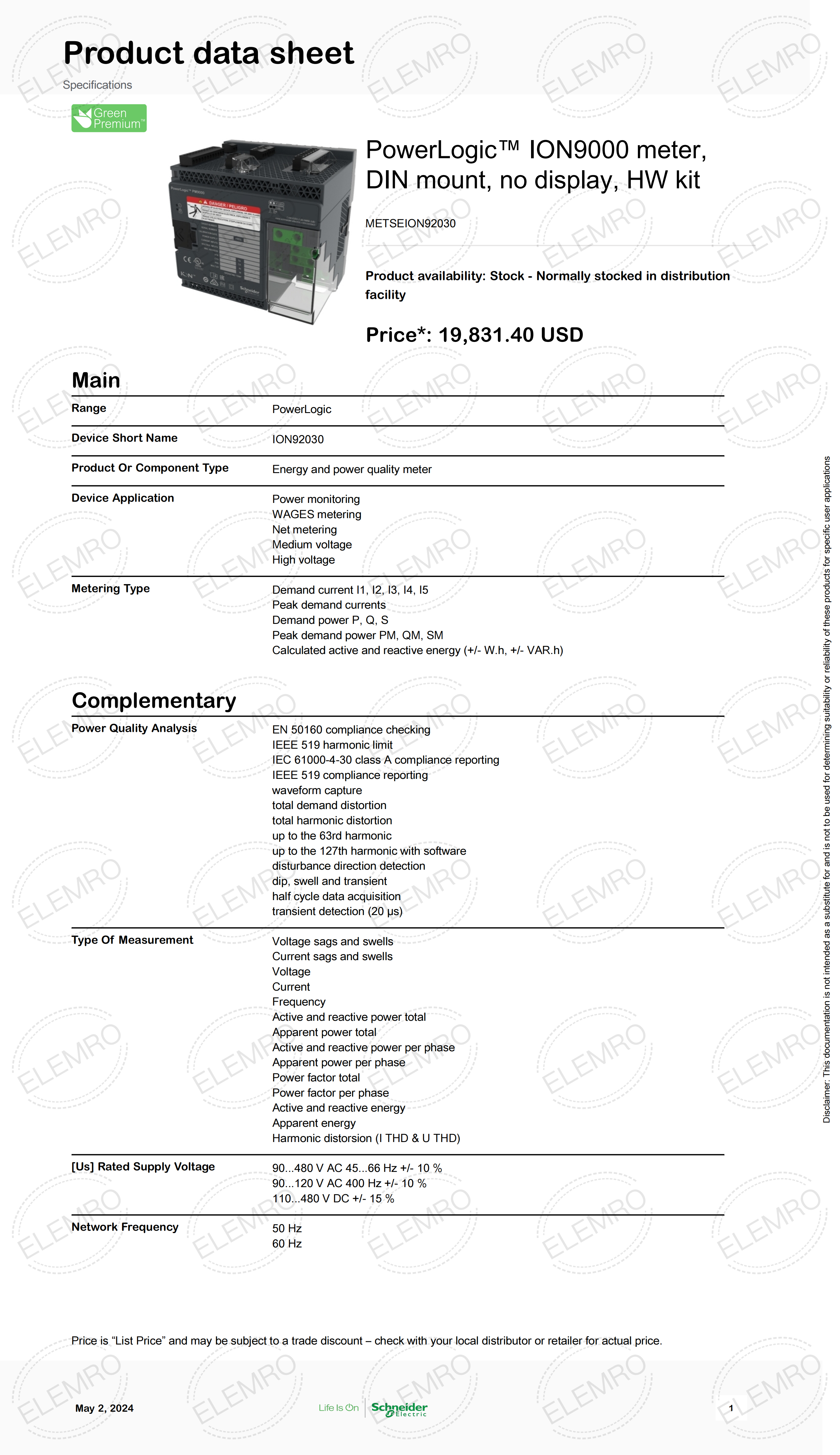 ELEMRO » Schneider PLC PowerLogic ION9000 Meter DIN Mount no Display HW ...
